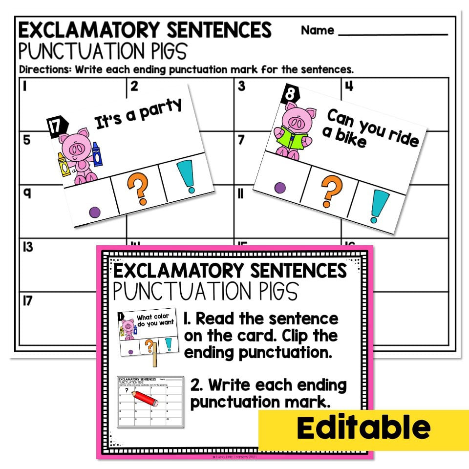 Editable - 1st Grade Grammar Center - Exclamatory Sentences - Lucky ...