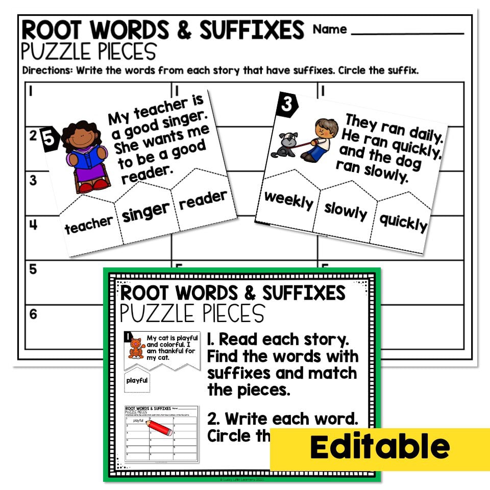 Editable - 1st Grade Grammar Center - Suffixes - Lucky Little Learners
