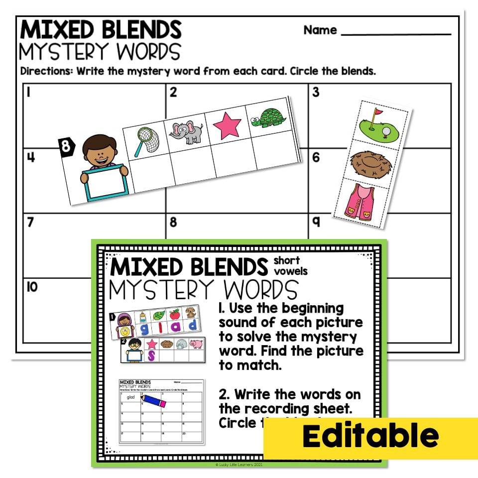 Editable - 1st Grade Phonics Center - Mixed Blends - Lucky Little Learners
