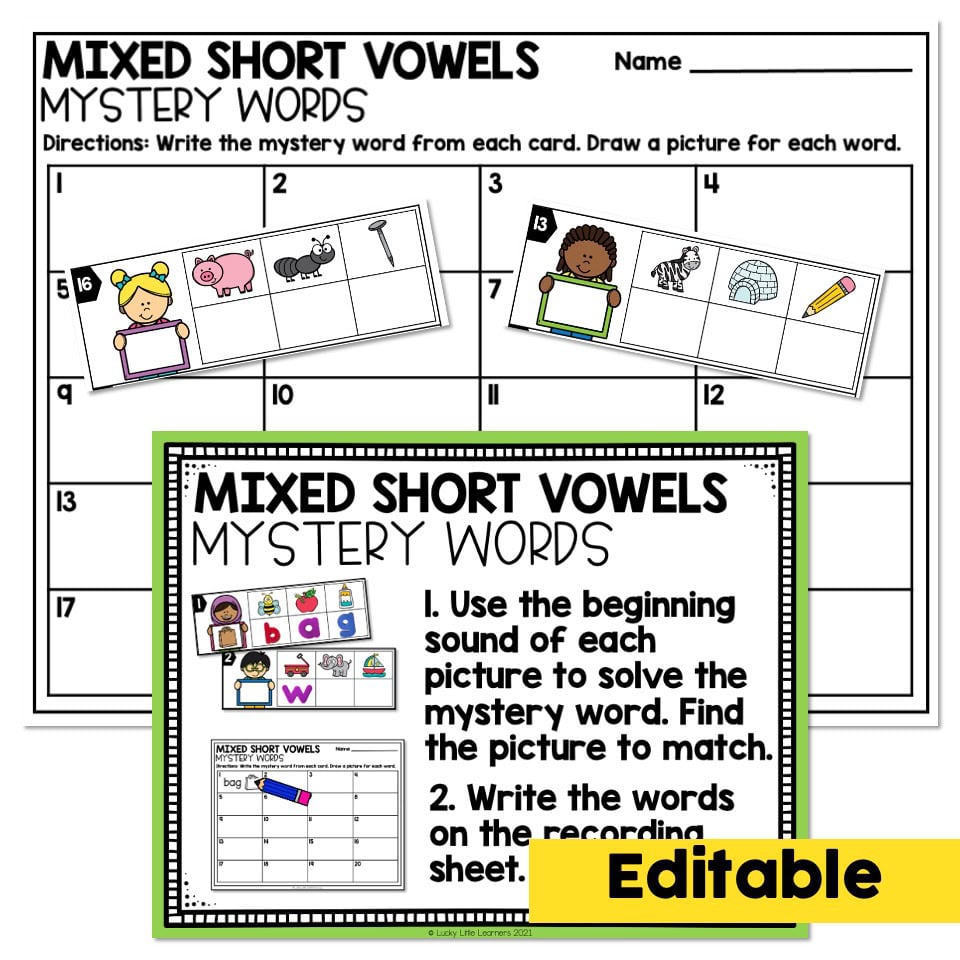 Editable - 1st Grade Phonics Center - Mixed Short Vowel CVC words ...