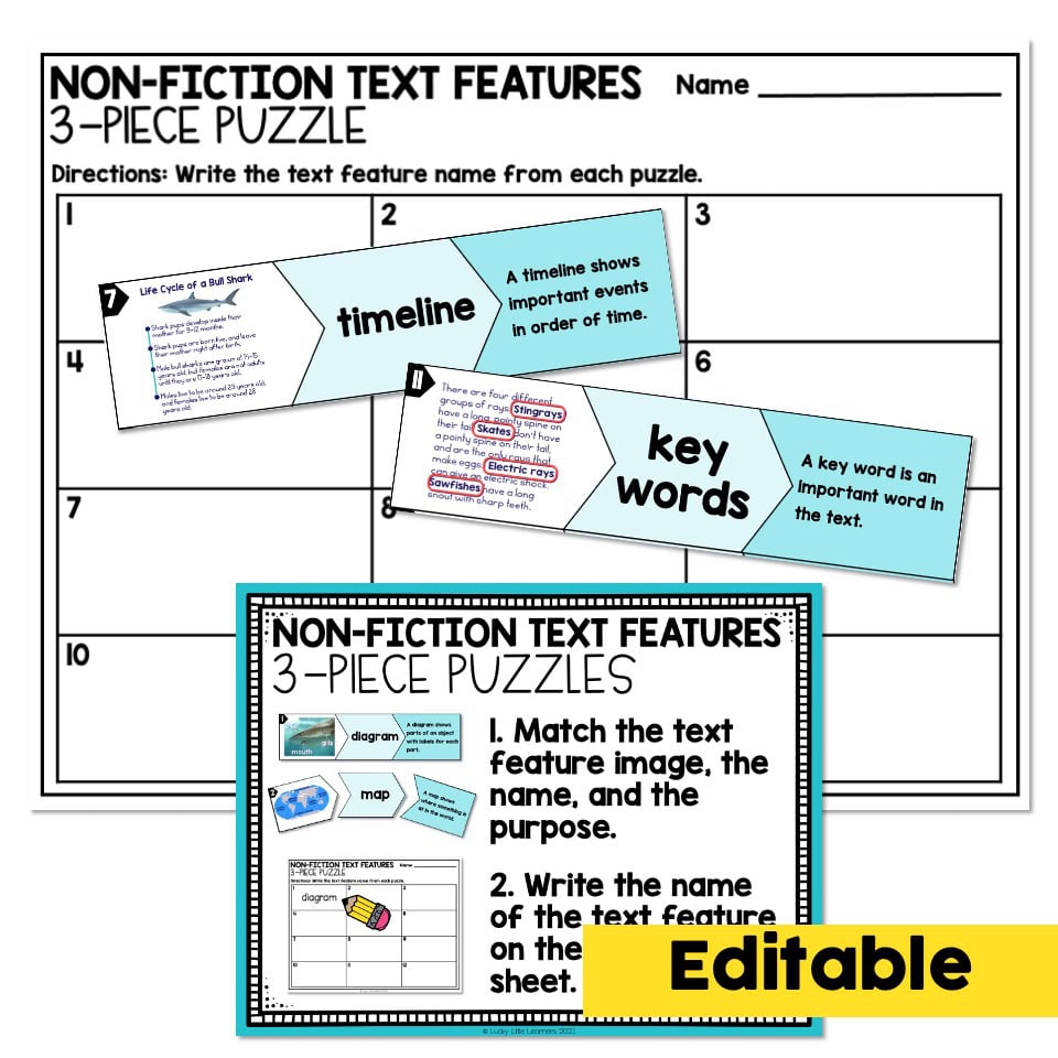 Editable - 1st Grade Reading Center - Nonfiction Text Features - Lucky ...