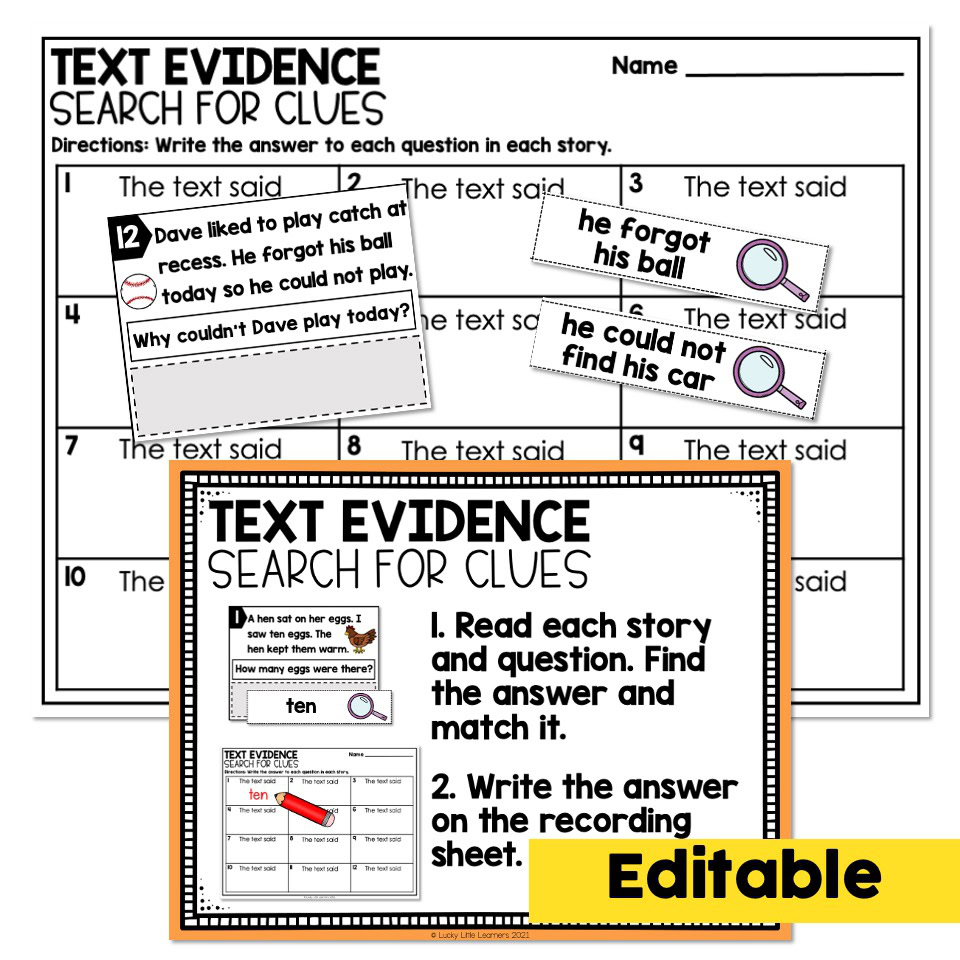 Editable - 1st Grade Reading Center - Text Evidence - Lucky Little Learners