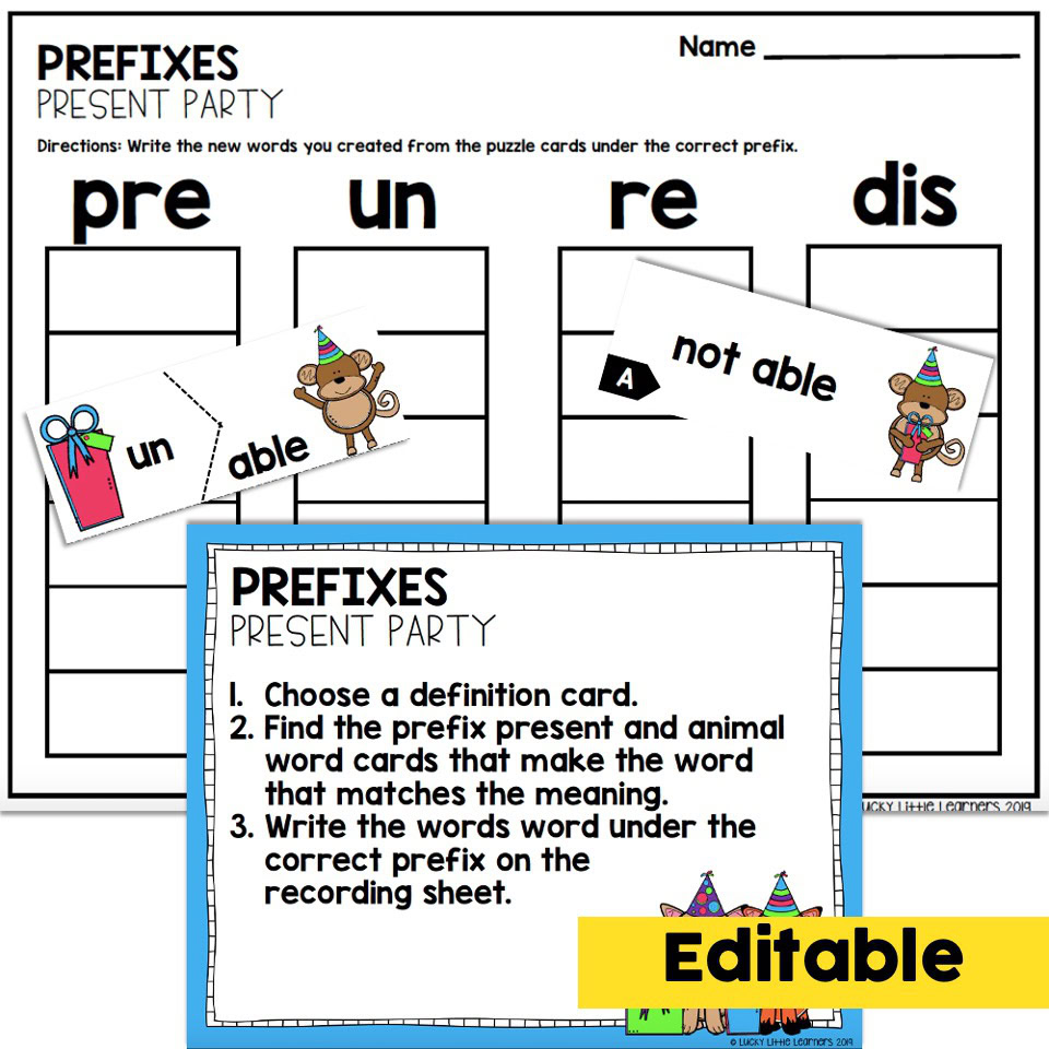 Editable - 2nd Grade Grammar Center - Prefixes - Lucky Little Learners