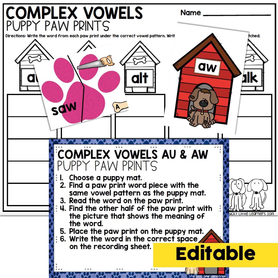 Editable - 2nd Grade Phonics Center - Complex Vowels - Lucky Little ...