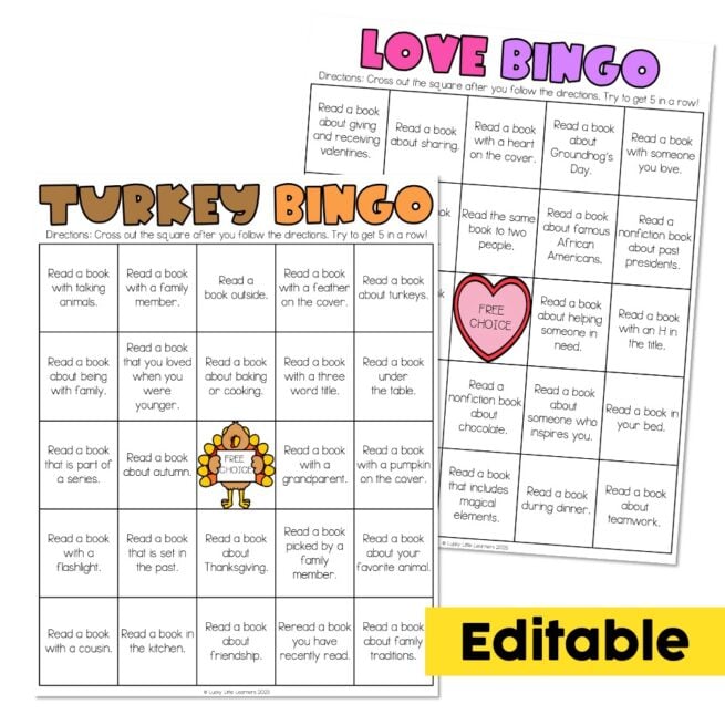 Editable Monthly Reading Bingo Cards - Lucky Little Learners
