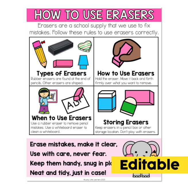Editable School Supplies Practice - Erasers - Anchor Chart - How to Use ...