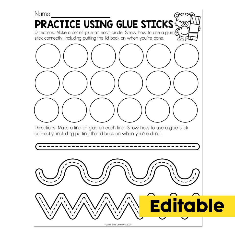 Editable School Supplies Practice - Glue Sticks - Practice Page - Lucky ...