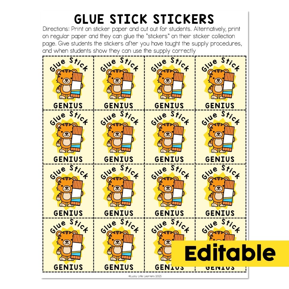 Editable School Supplies Practice - Glue Sticks - Stickers - Lucky ...