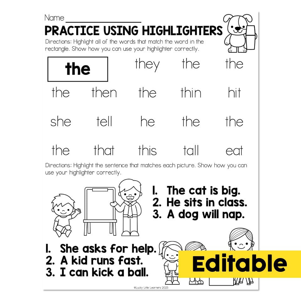 Editable School Supplies Practice - Highlighters - Practice Page ...