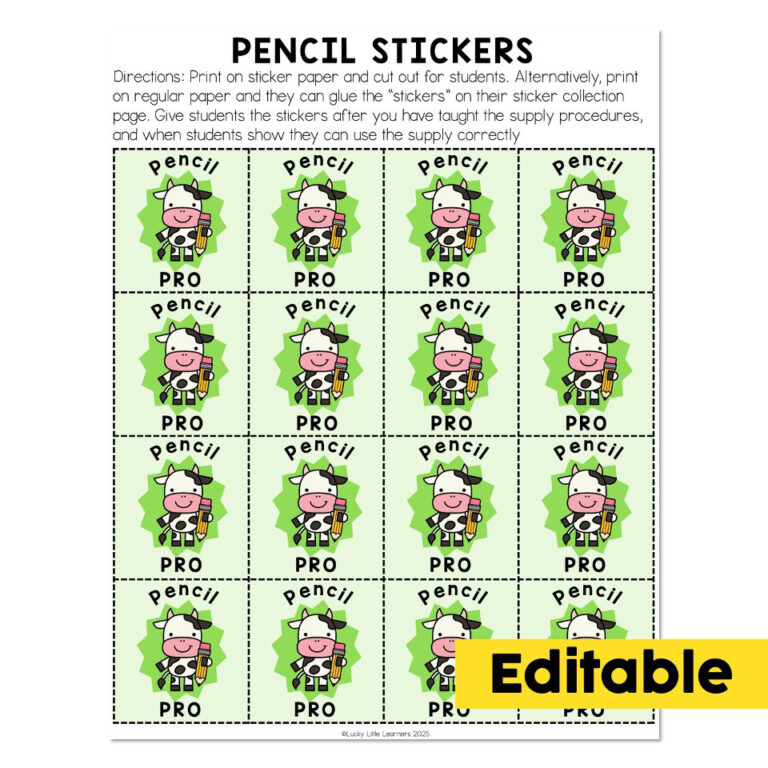 Editable School Supplies Practice - Pencils - Stickers - Lucky Little ...