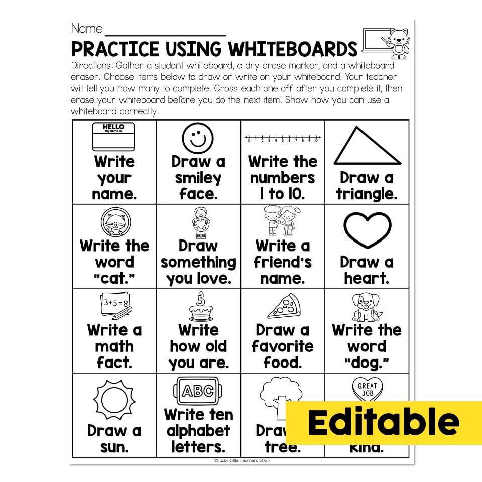 Editable School Supplies Practice - Whiteboards - Practice Page - Lucky ...