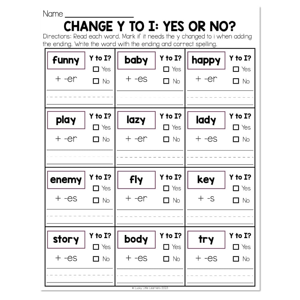 Inflectional Endings and Suffixes - Change Y to I Rule - Yes or No ...