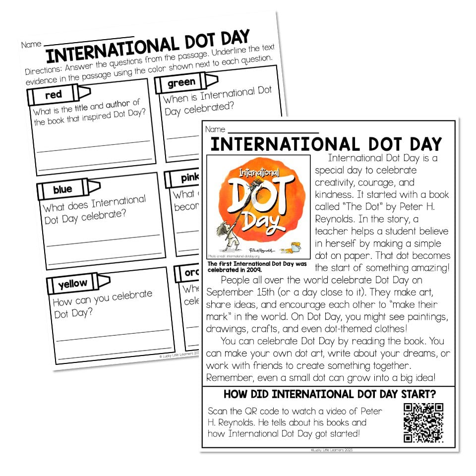 International Dot Day - Reading Passage and Questions - Lucky Little ...