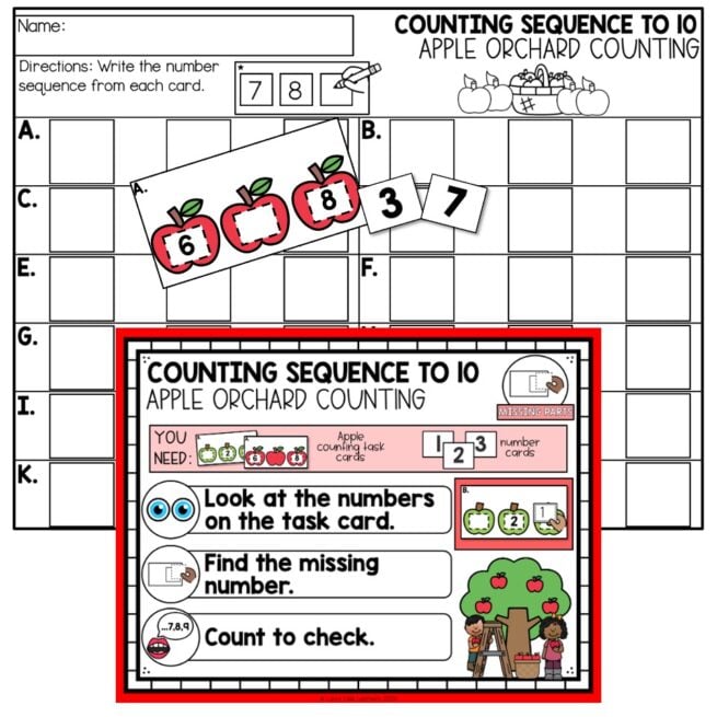 Kindergarten Math Center - September - Counting Sequence to 10 - Apple ...