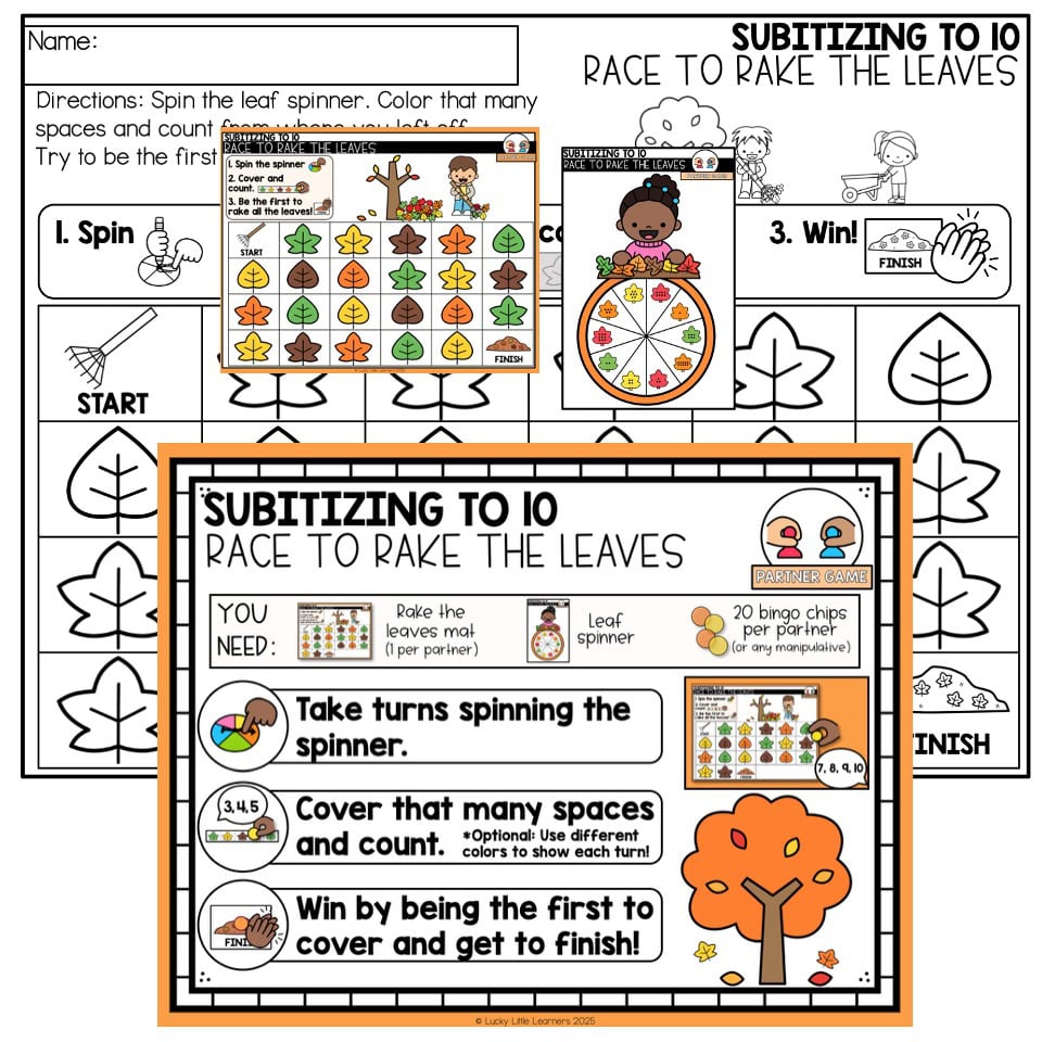 Kindergarten Math Center - September - Subitizing to 10 - Race to Rake ...