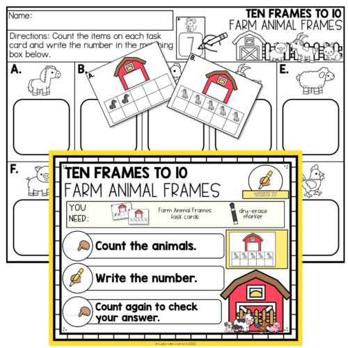 Kindergarten Math Center - September - Ten Frames to 10 - Farm Animal ...