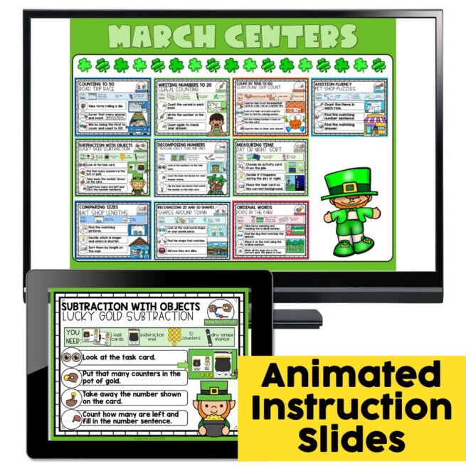 Kindergarten Math Centers - March- Animated Instruction Slides - Lucky ...