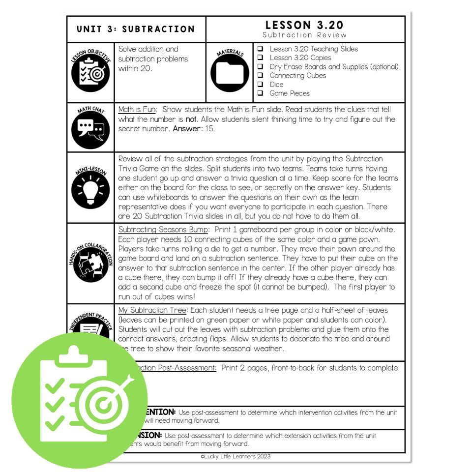 Lucky to Learn Math - 1st Grade - Lesson 3.20 - Subtraction Review ...