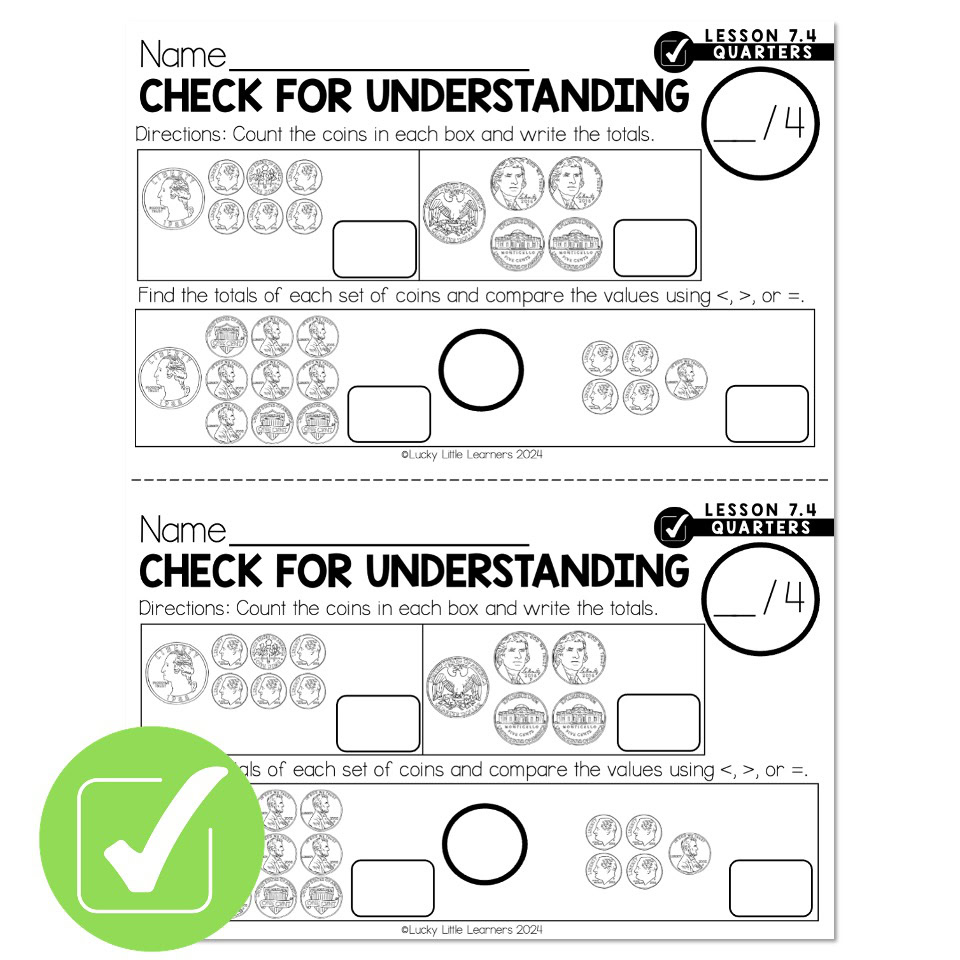 Lucky to Learn Math - 1st Grade - Lesson 7.4 - Quarters - Check for ...