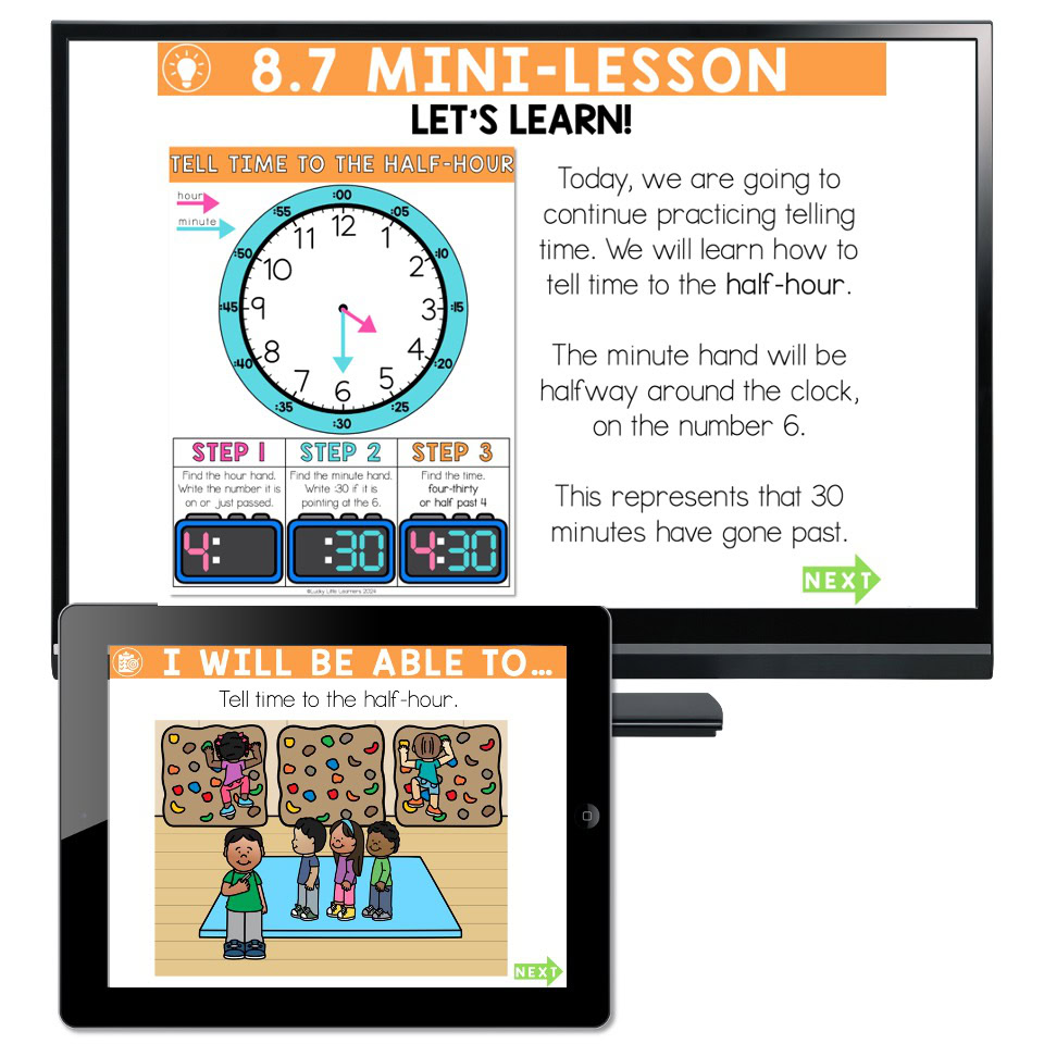 Lucky to Learn Math - 1st Grade - Lesson 8.7 - Time to the Half Hour ...