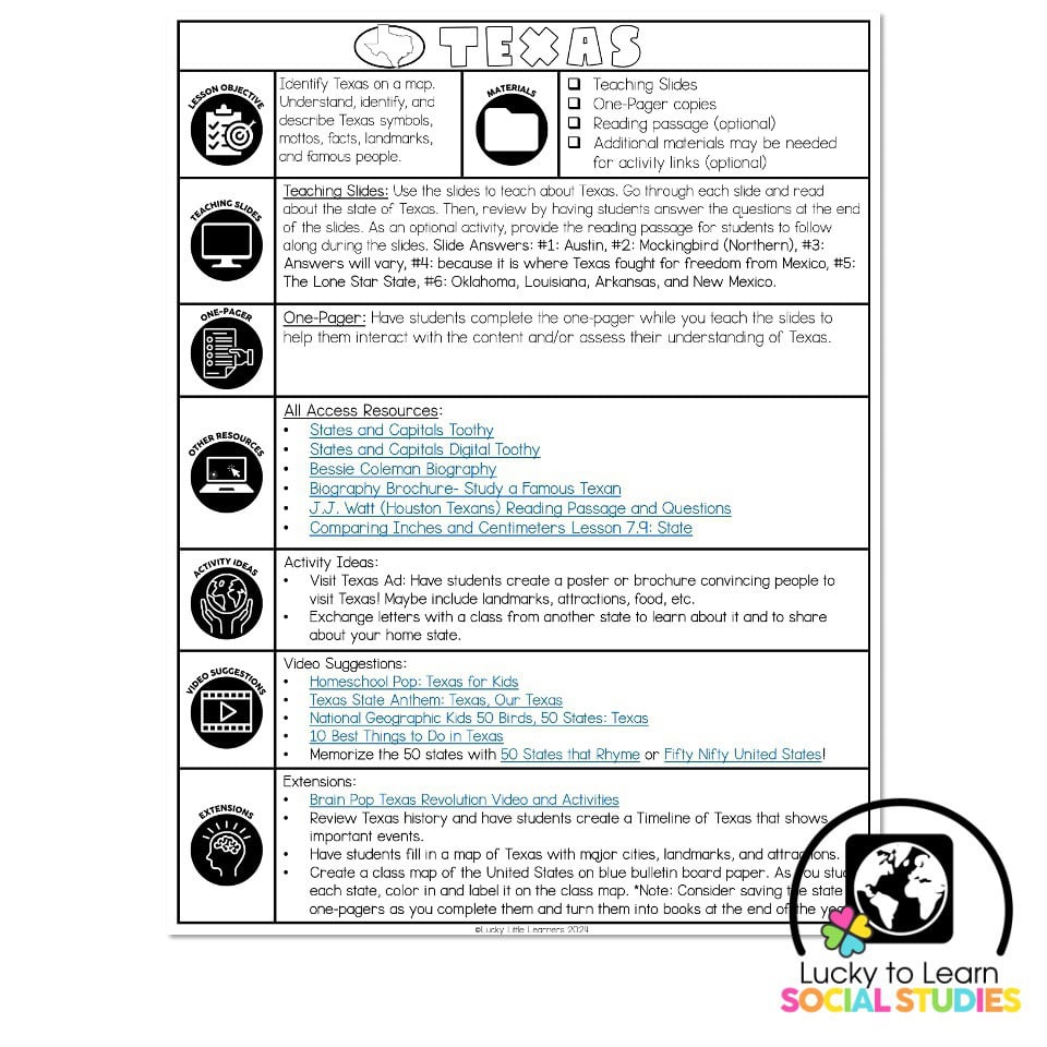 Lucky to Learn Social Studies - US States - Texas - Teacher's Guide ...