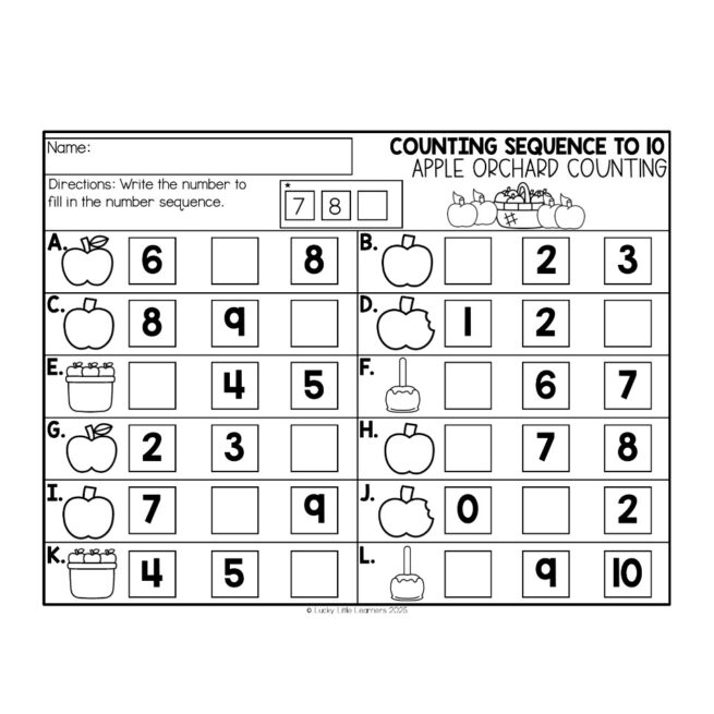 Math Worksheet - September - Counting Sequence to 10 - Apple Orchard ...