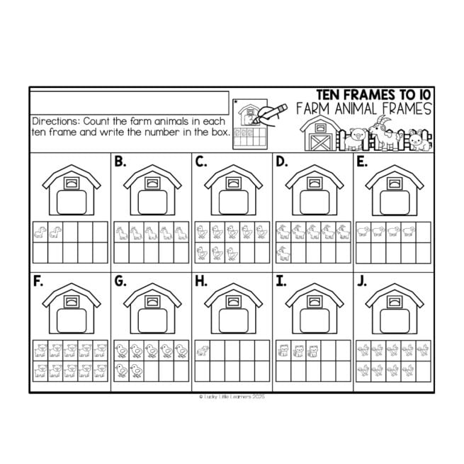 Math Worksheet - September - Ten Frames to 10 - Farm Animal Frames ...