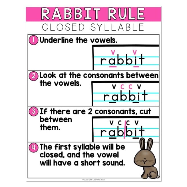 Multisyllable Words Book - Anchor Chart - Rabbit Rule - Closed Syllable ...