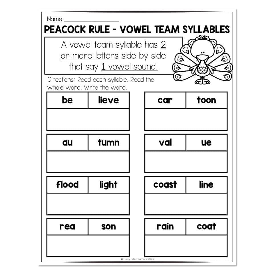 Multisyllable Words Book - Peacock Rule - Vowel Team Syllable ...