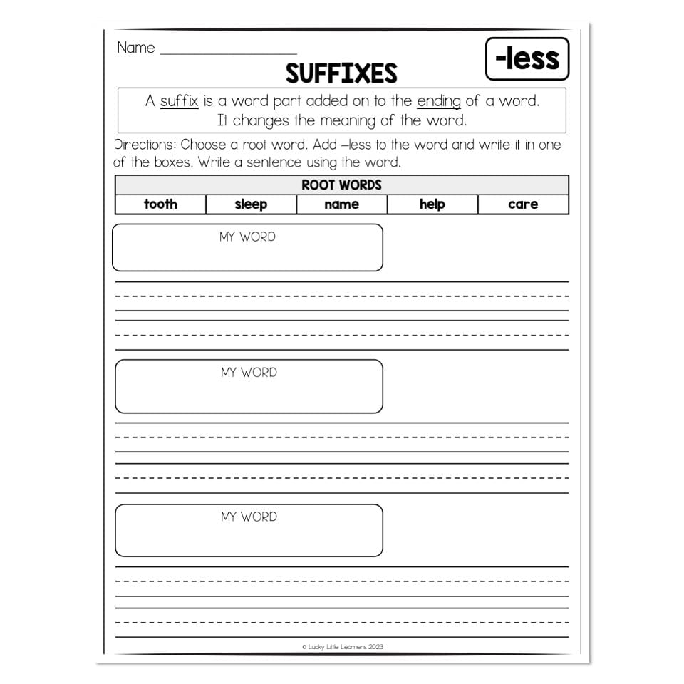 Multisyllable Words Book - Suffixes - LESS - Sentences - Lucky Little ...