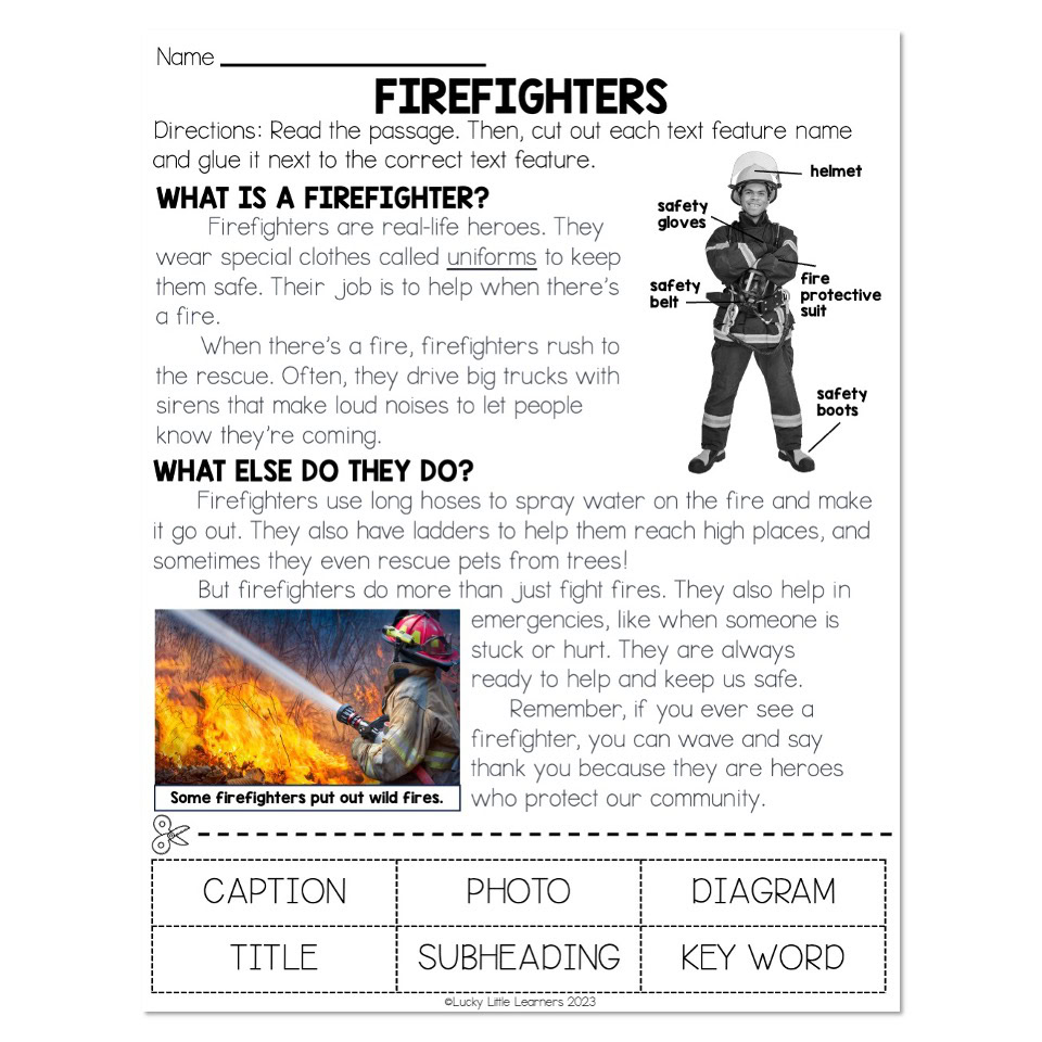 Nonfiction Text Features - Firefighter Passage - Lucky Little Learners