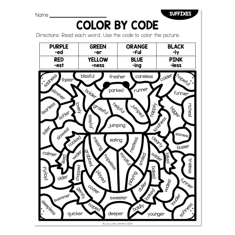 Phonics Color by Code - Suffixes - Beetle - Lucky Little Learners