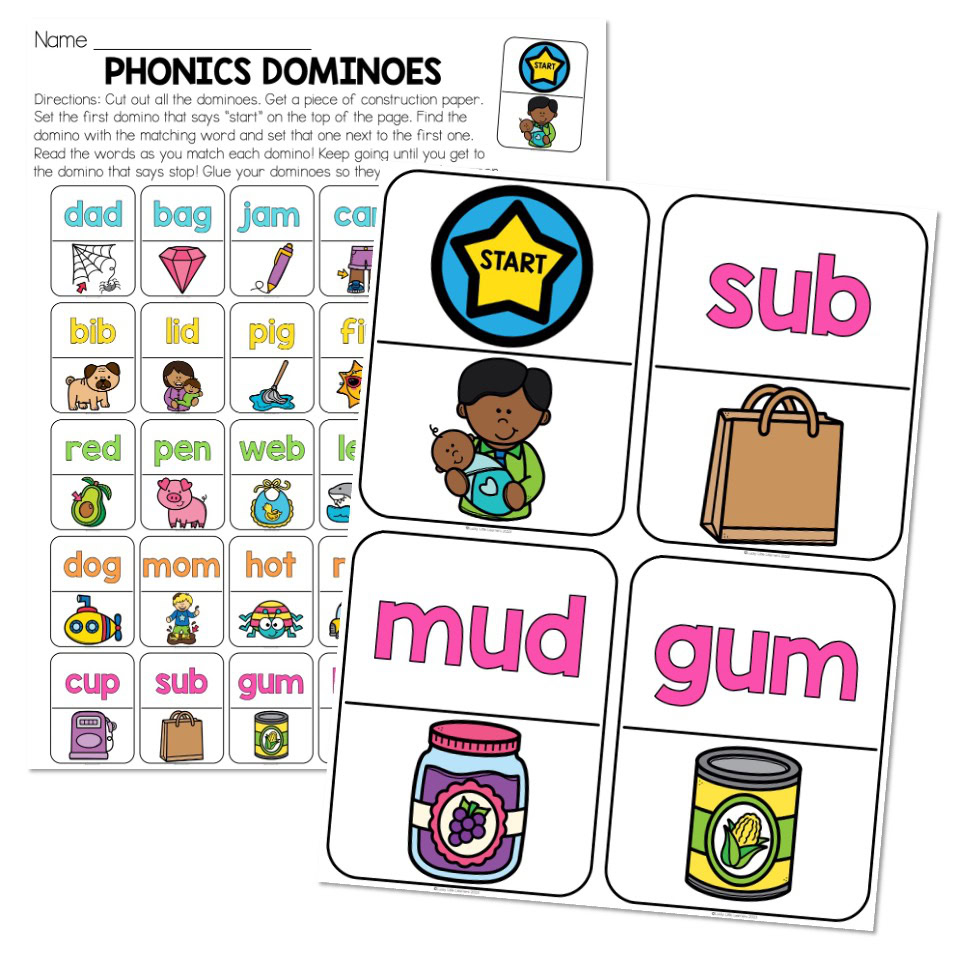Phonics Dominoes - Mixed CVC Short Vowel Words - Lucky Little Learners