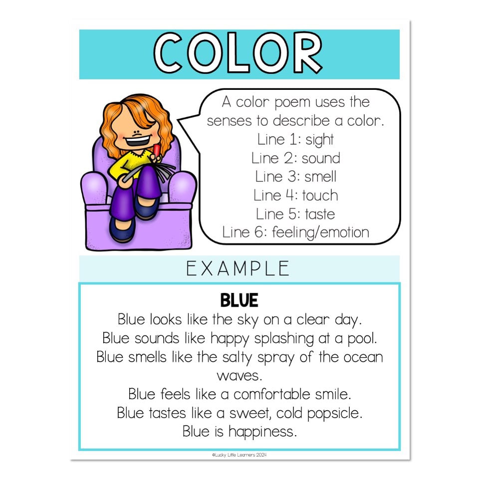 Poetry - Poem Types - Anchor Chart and Example - Color - Lucky Little ...