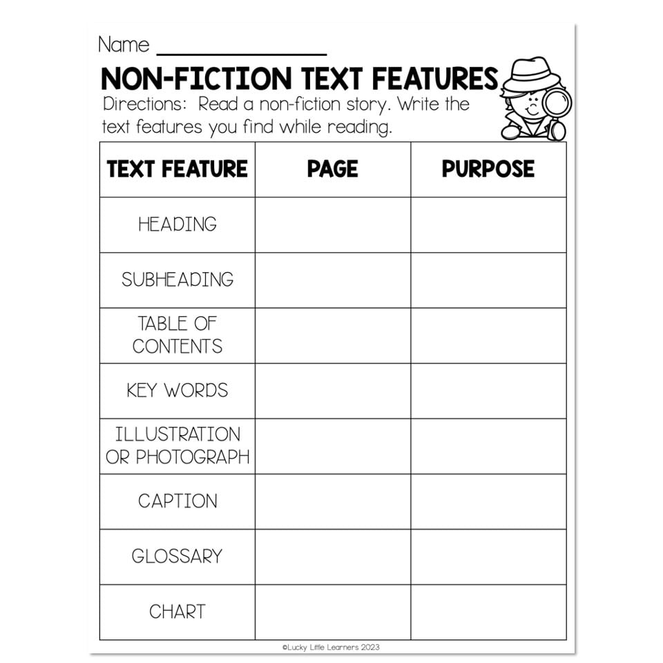 Reading Graphic Organizer - Text Features - Lucky Little Learners