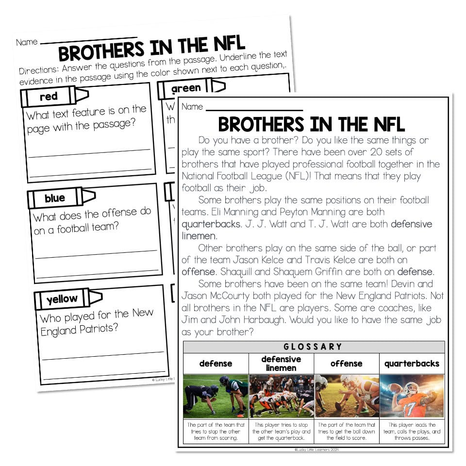 Reading Passage - Nonfiction Text Features - Football Brothers in the ...