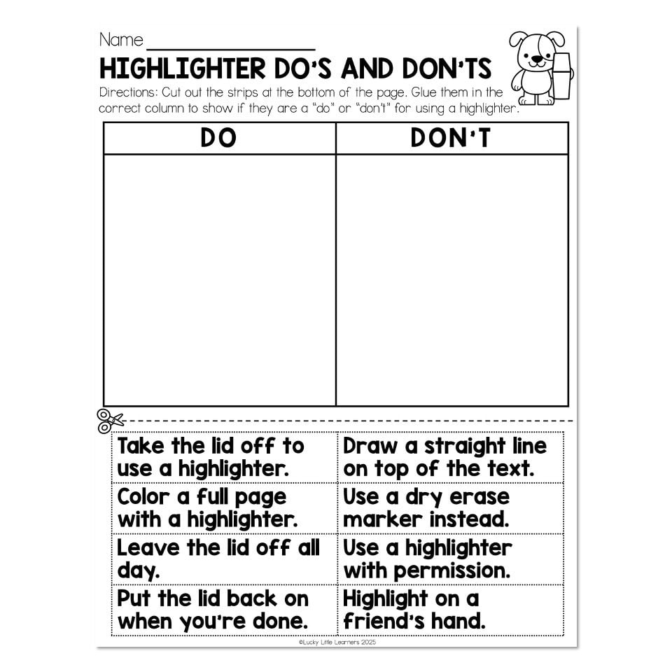 School Supplies Practice - Highlighters - Do's and Don'ts Sort - Lucky ...