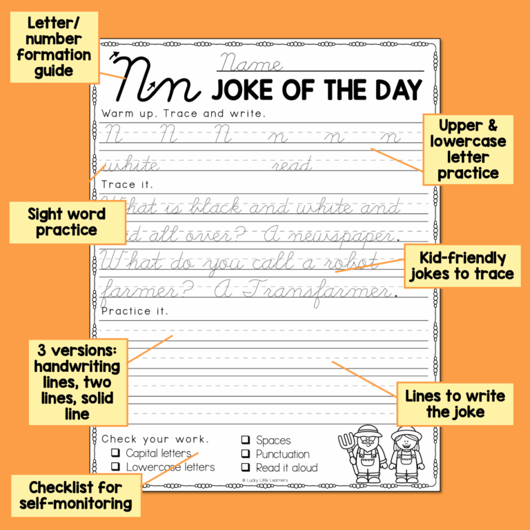 Cursive Handwriting Practice - Jokes and Facts - Lucky Little Learners