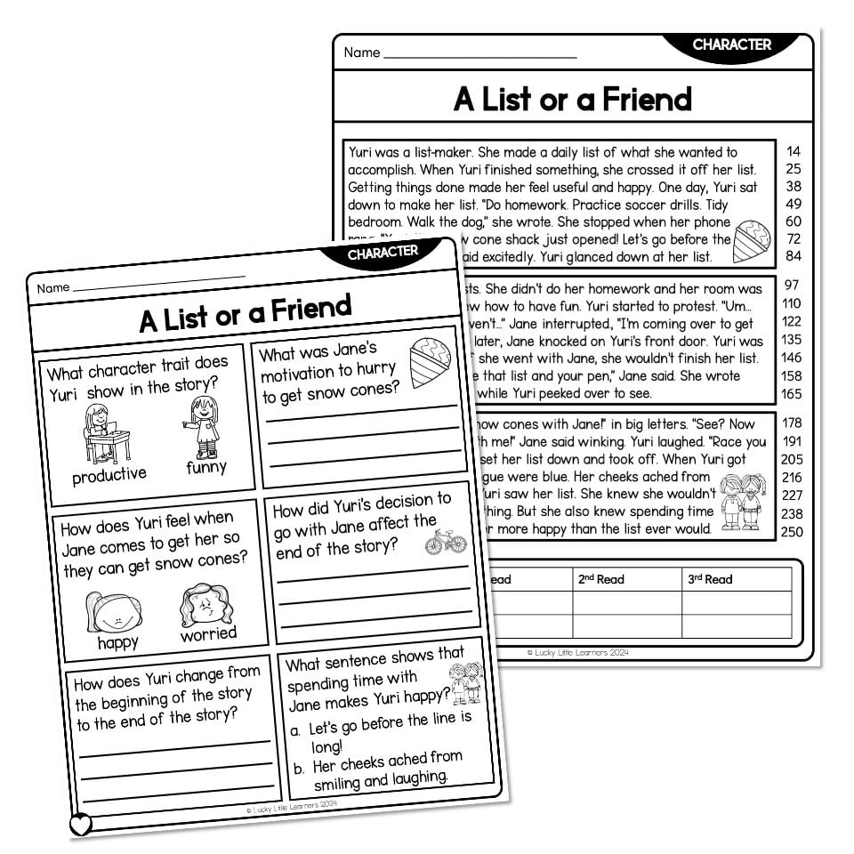 2nd Grade Character Reading Passage - A List or a Friend - At - Lucky ...
