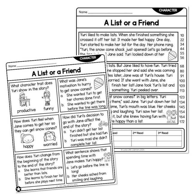 2nd Grade Character Reading Passage - A List or a Friend - Below ...