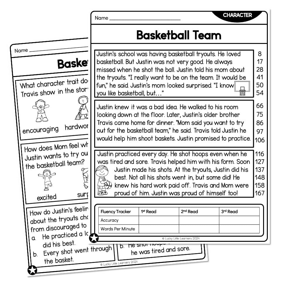 2nd Grade Character Reading Passage - Basketball Team - Below - Lucky ...