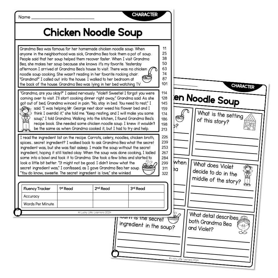 2nd Grade Character Reading Passage - Chicken Noodle Soup - Above ...