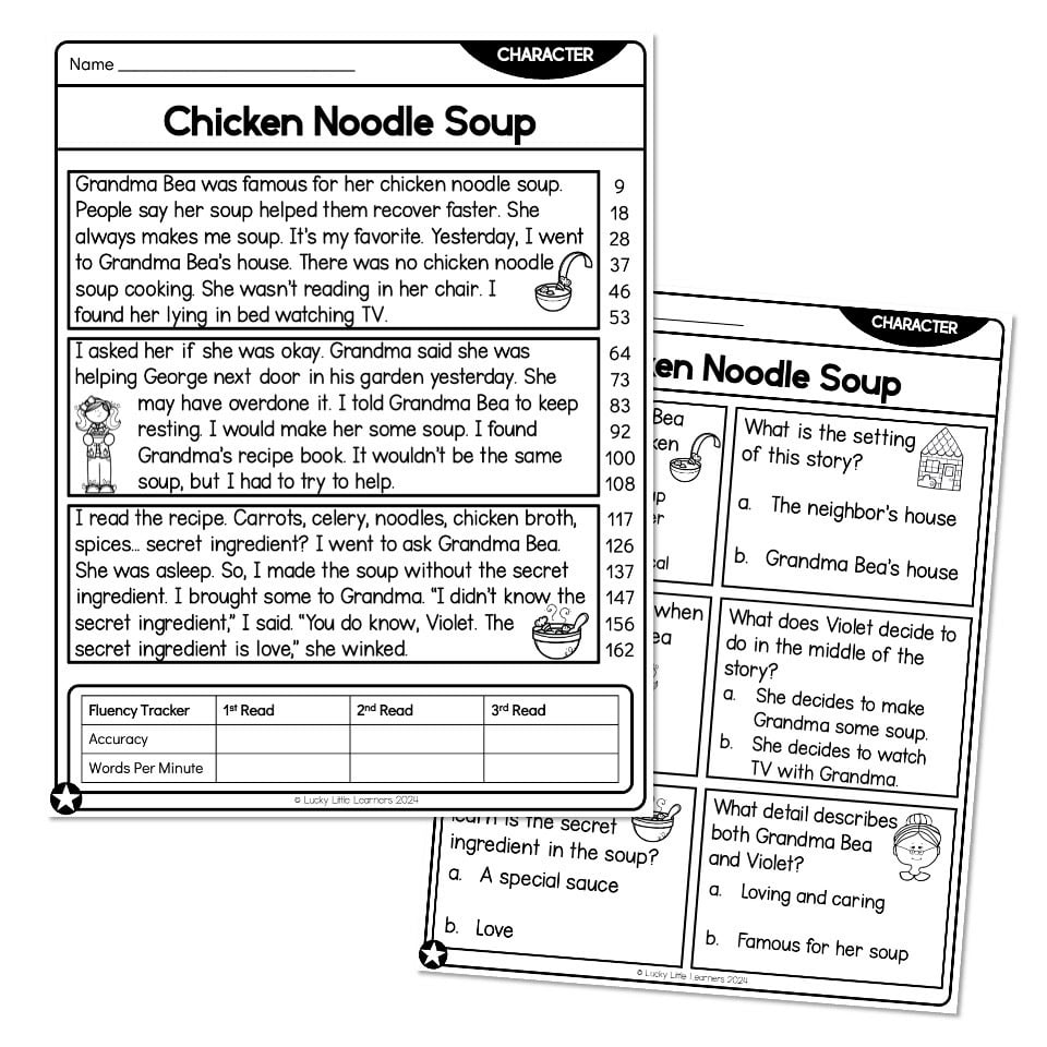 2nd Grade Character Reading Passage - Chicken Noodle Soup - Below ...