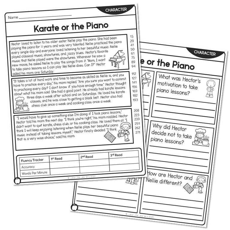 2nd Grade Character Reading Passage - Karate or the Piano - Above ...