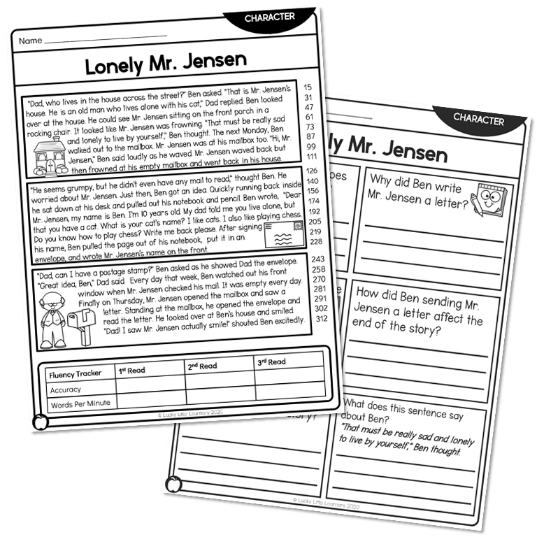 2nd Grade Character Reading Passage - Lonely Mr. Jensen- Above - Lucky ...