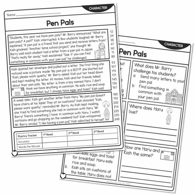 2nd Grade Character Reading Passage - Pen Pals - At - Lucky Little Learners