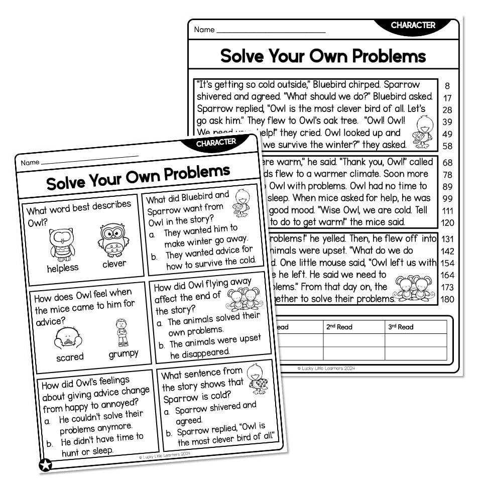 2nd Grade Character Reading Passage - Solve Your Own Problems - Below ...