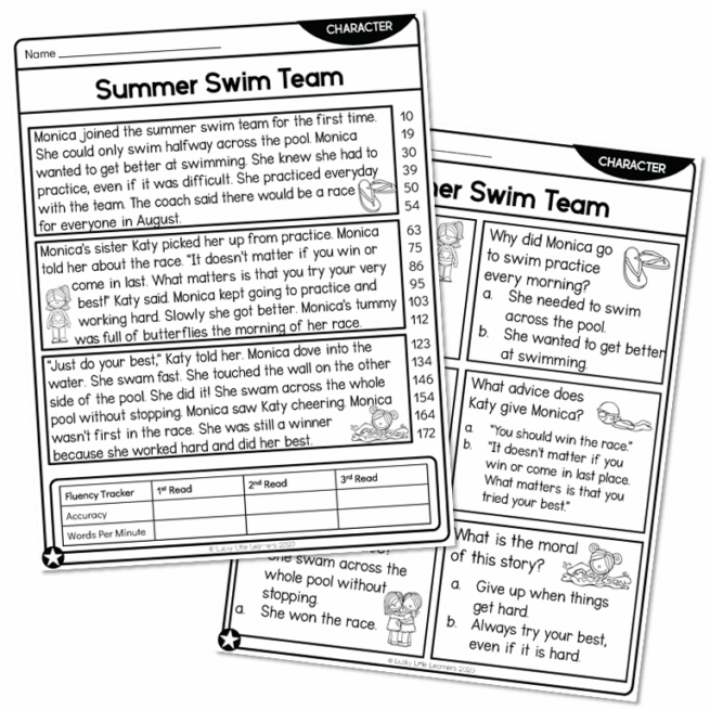 2nd Grade Character Reading Passage - Summer Swim Team - Below - Lucky ...