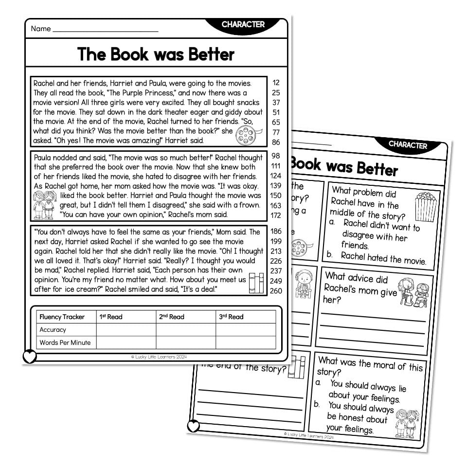 2nd Grade Character Reading Passage - The Book was Better - At - Lucky ...