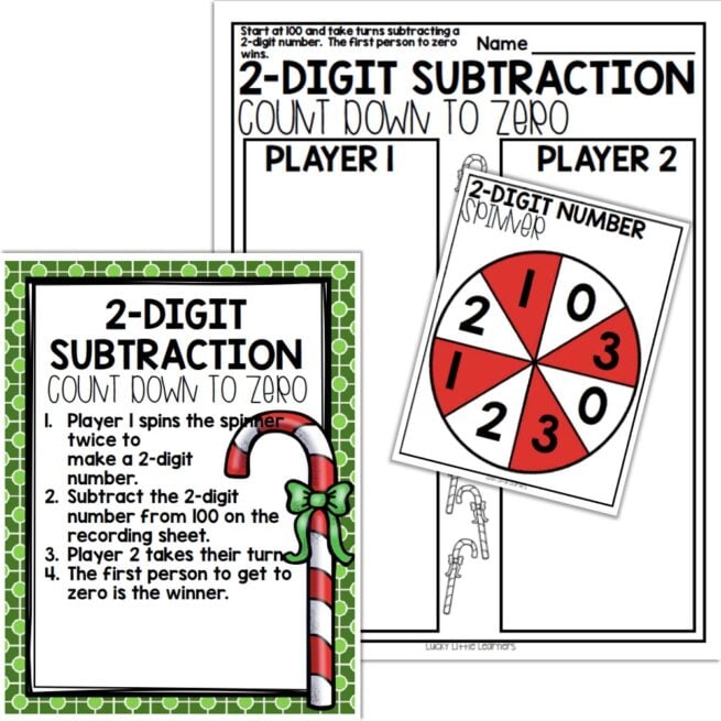 2nd Grade December Math Center - 2 Digit Subtraction - Lucky Little ...